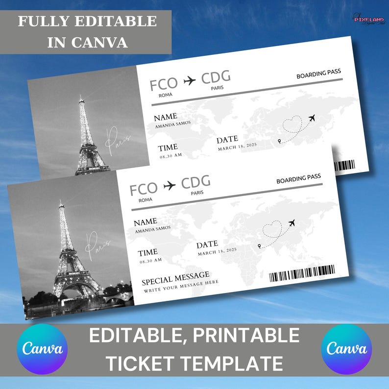 Paris Trip Boarding Pass - Editable Ticket Template (canva) - Etsy