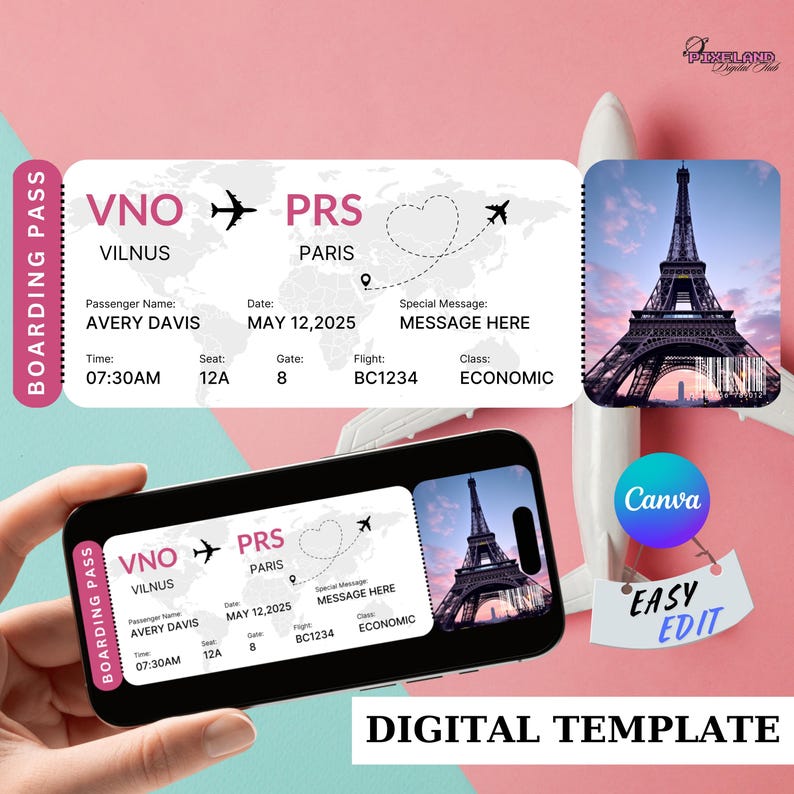 Editable Airline Ticket, Boarding Pass Surprise Trip, Custom Airplane ...