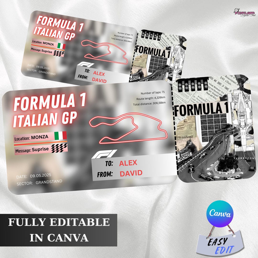 Printable Formula 1 Ticket, Formula 1 Digital Ticket, F1 Belgıan Italian Race Ticket,editable ...