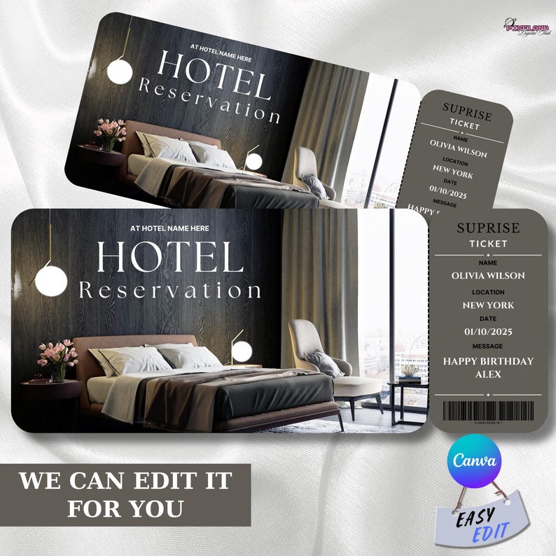 Editable Hotel Reservation Ticket Template: Surprise Gift (canva) - Etsy UK