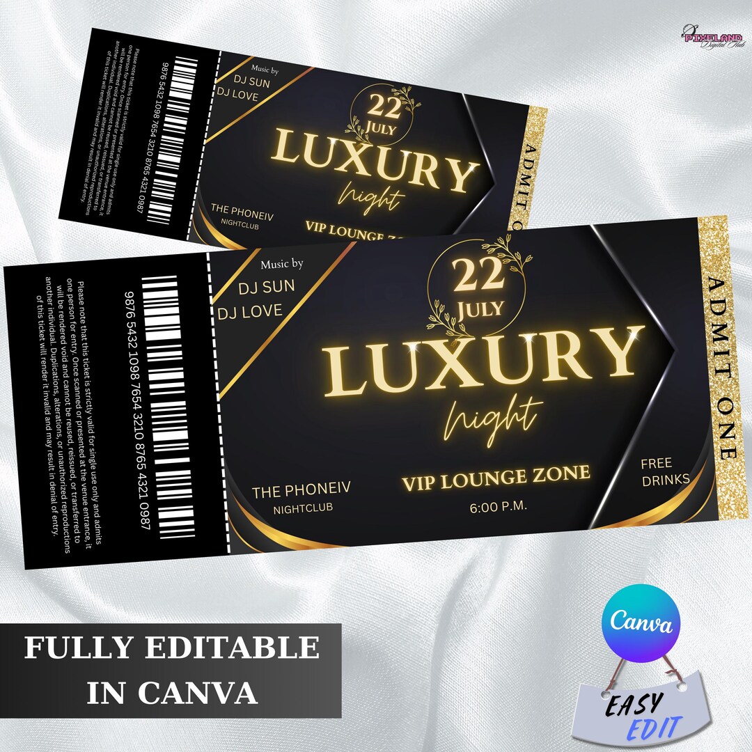 Luxury Night Ticket Template,admit One Printable Digital Download,black ...