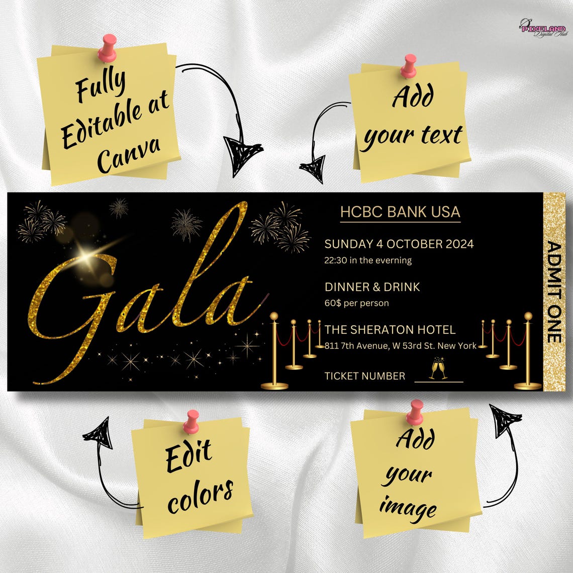 Golden Gala Ticket Template,admit One Printable Digital Download,black ...