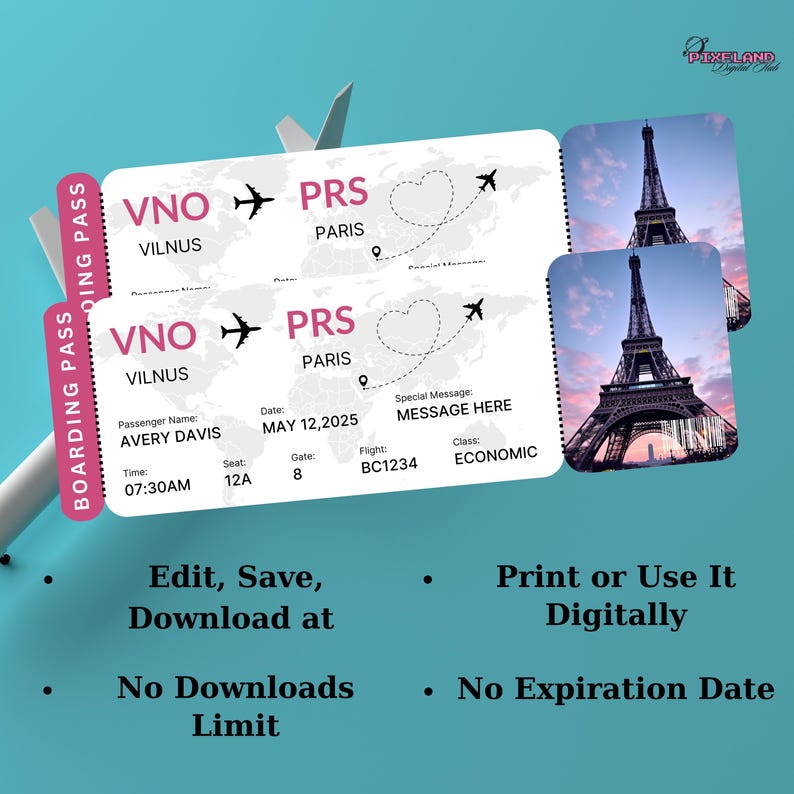 Editable Airline Ticket, Boarding Pass Surprise Trip, Custom Airplane ...