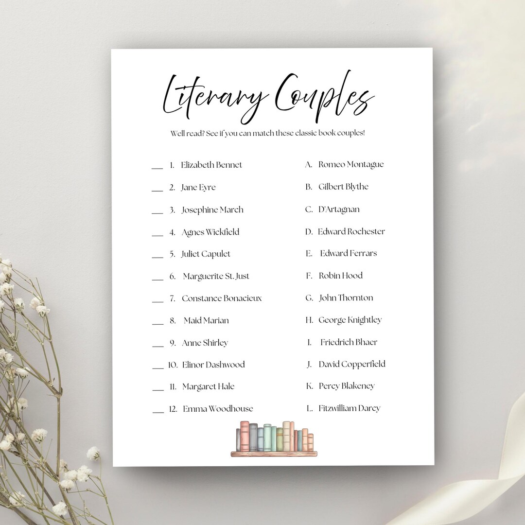 Literary Couples Matching Game: Book Lover's Party (printable PDF ...