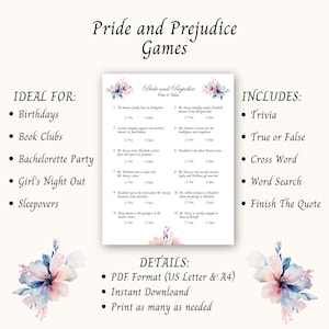Pride and Prejudice Games | Jane Austen Party Games | Bridal Shower Fun ...
