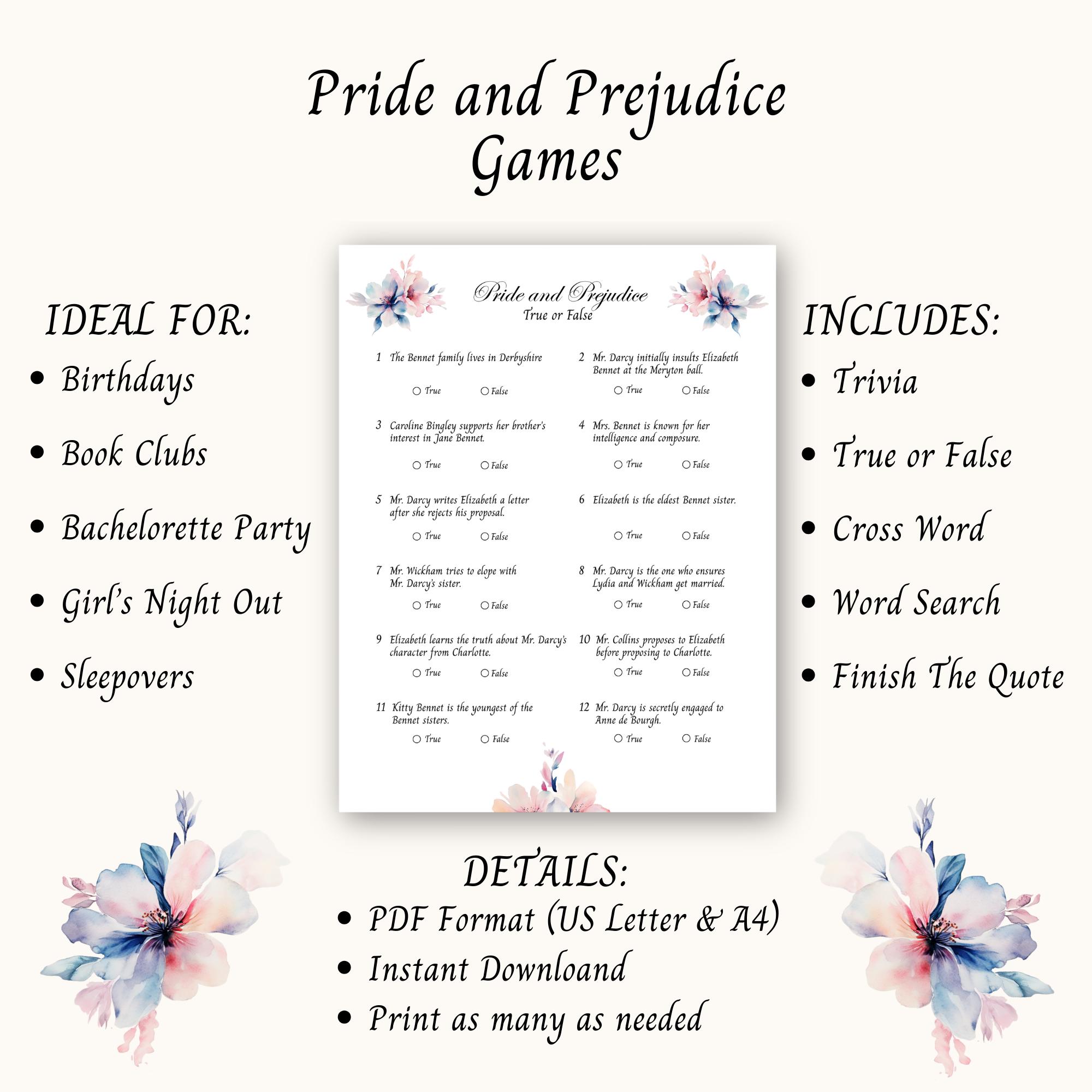 Pride and Prejudice Games | Jane Austen Party Games | Bridal Shower Fun ...