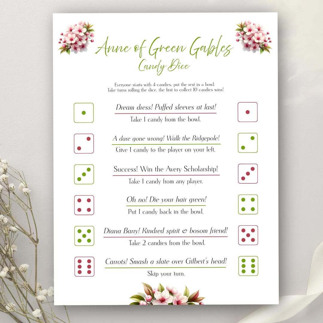 Anne of Green Gables Candy Dice Game | Printable Party Game (digital ...