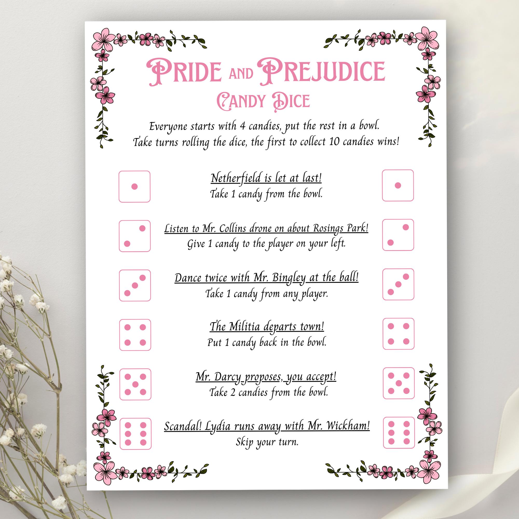 Pride and Prejudice Candy Dice Game: Jane Austen Party (instant ...