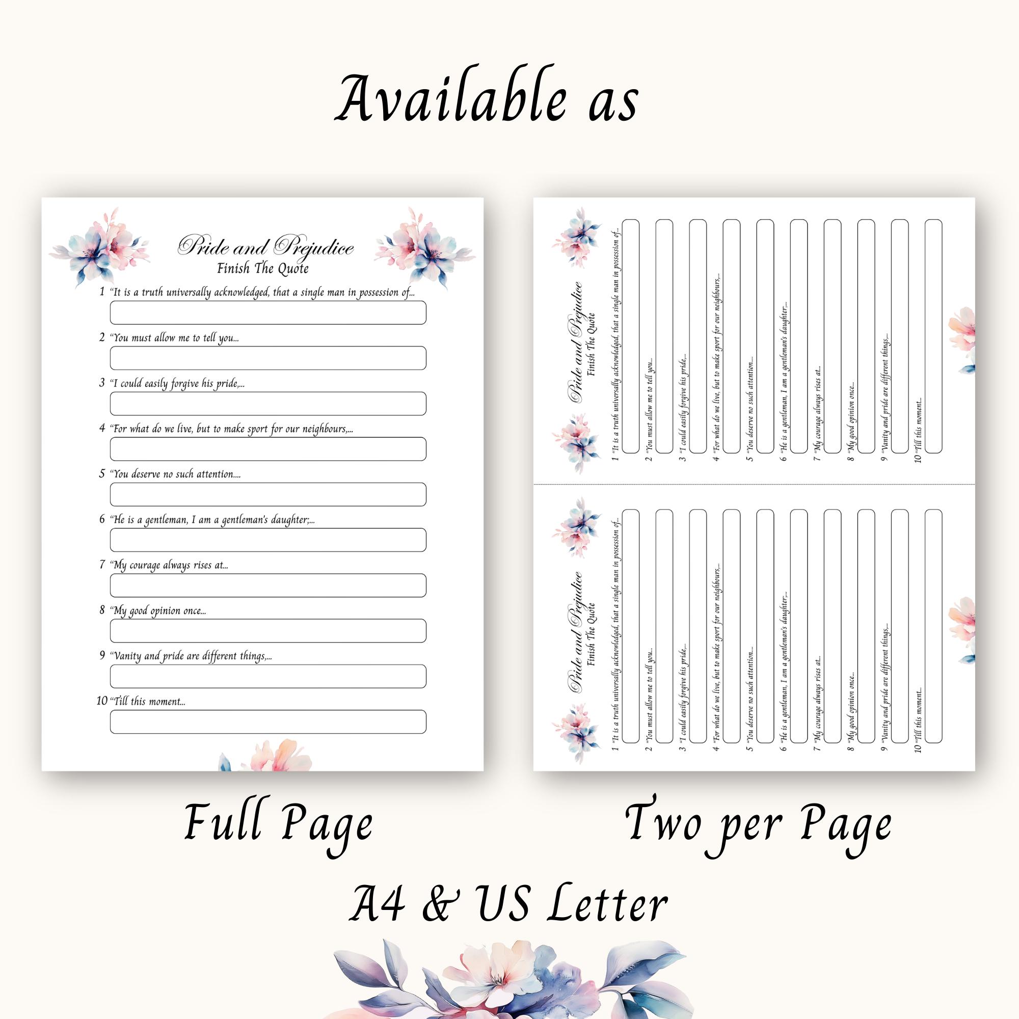 Pride and Prejudice Games | Jane Austen Party Games | Bridal Shower Fun ...