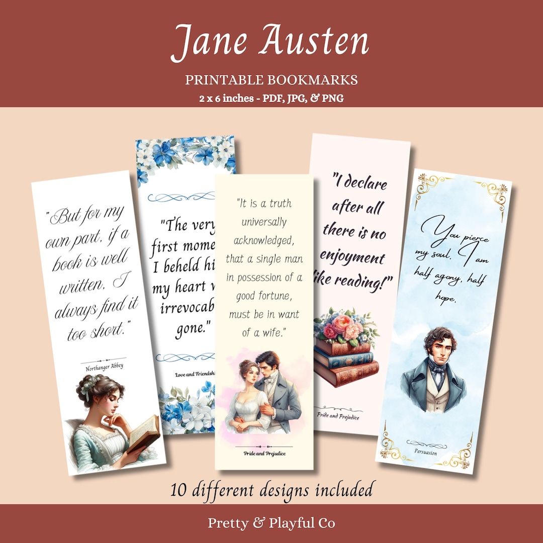 Jane Austen Printable Bookmarks | Literary Bookmarks | Book Lovers Gift ...