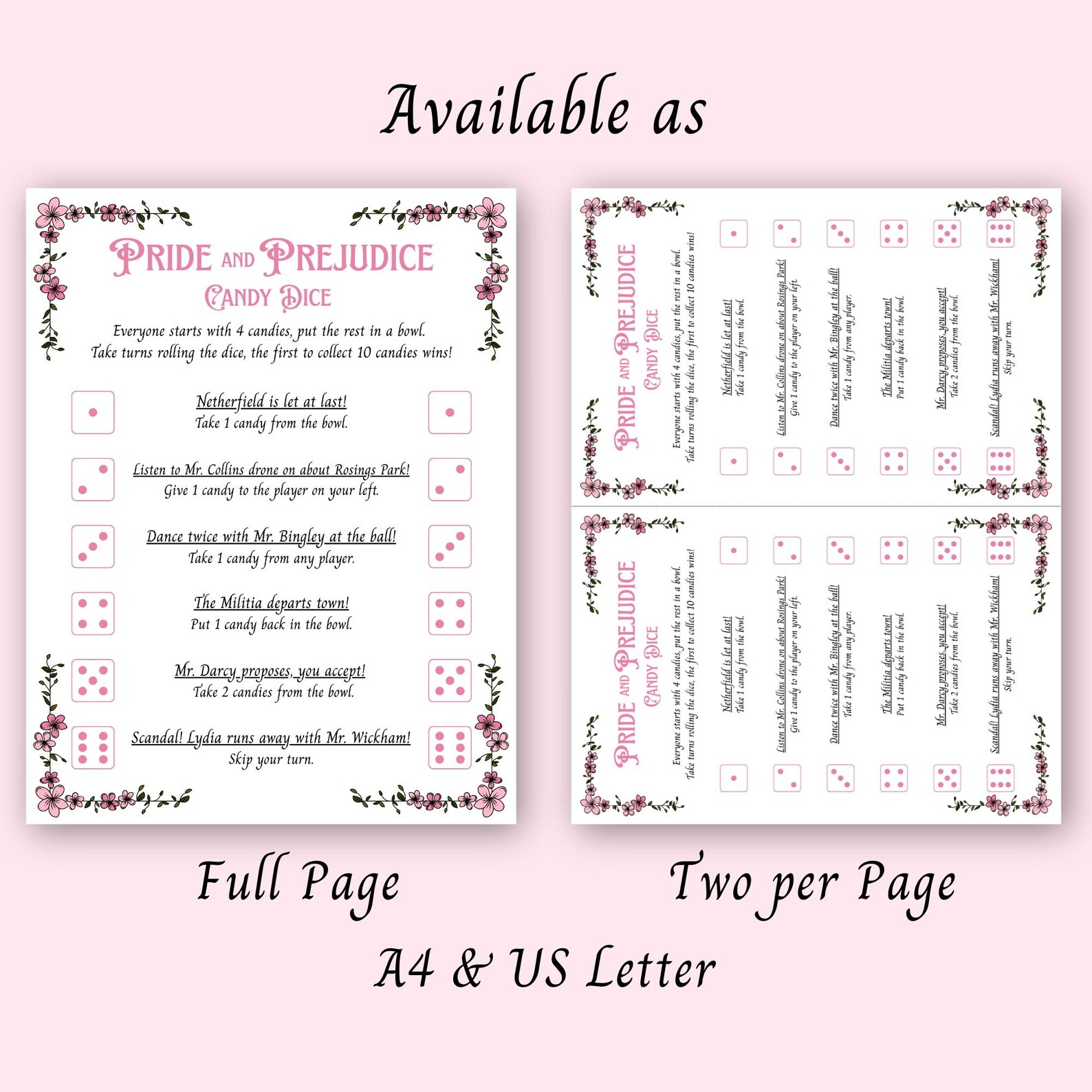 Pride and Prejudice Candy Dice Game: Jane Austen Party (instant ...