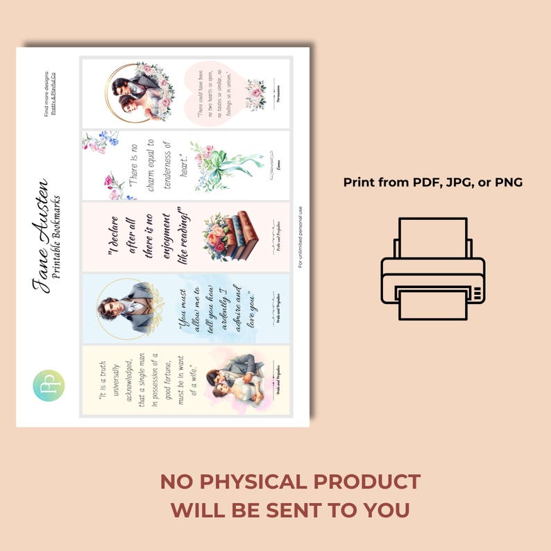 Jane Austen Printable Bookmarks | Literary Bookmarks | Book Lovers Gift ...