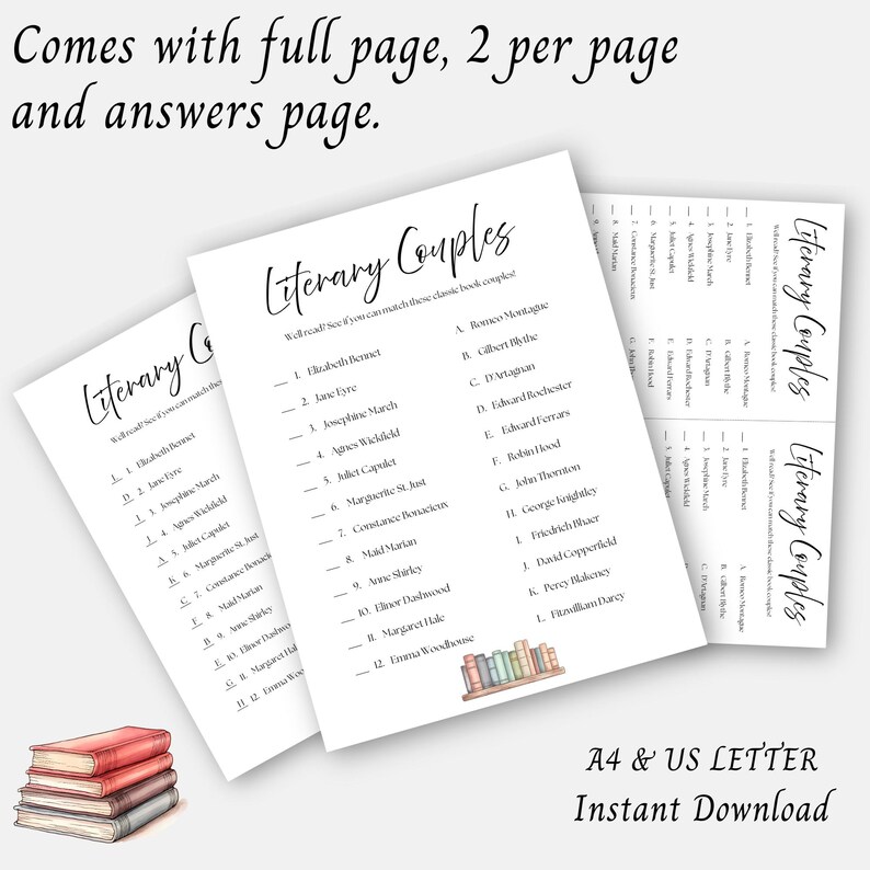 Literary Couples Matching Game: Book Lover's Party (printable PDF ...