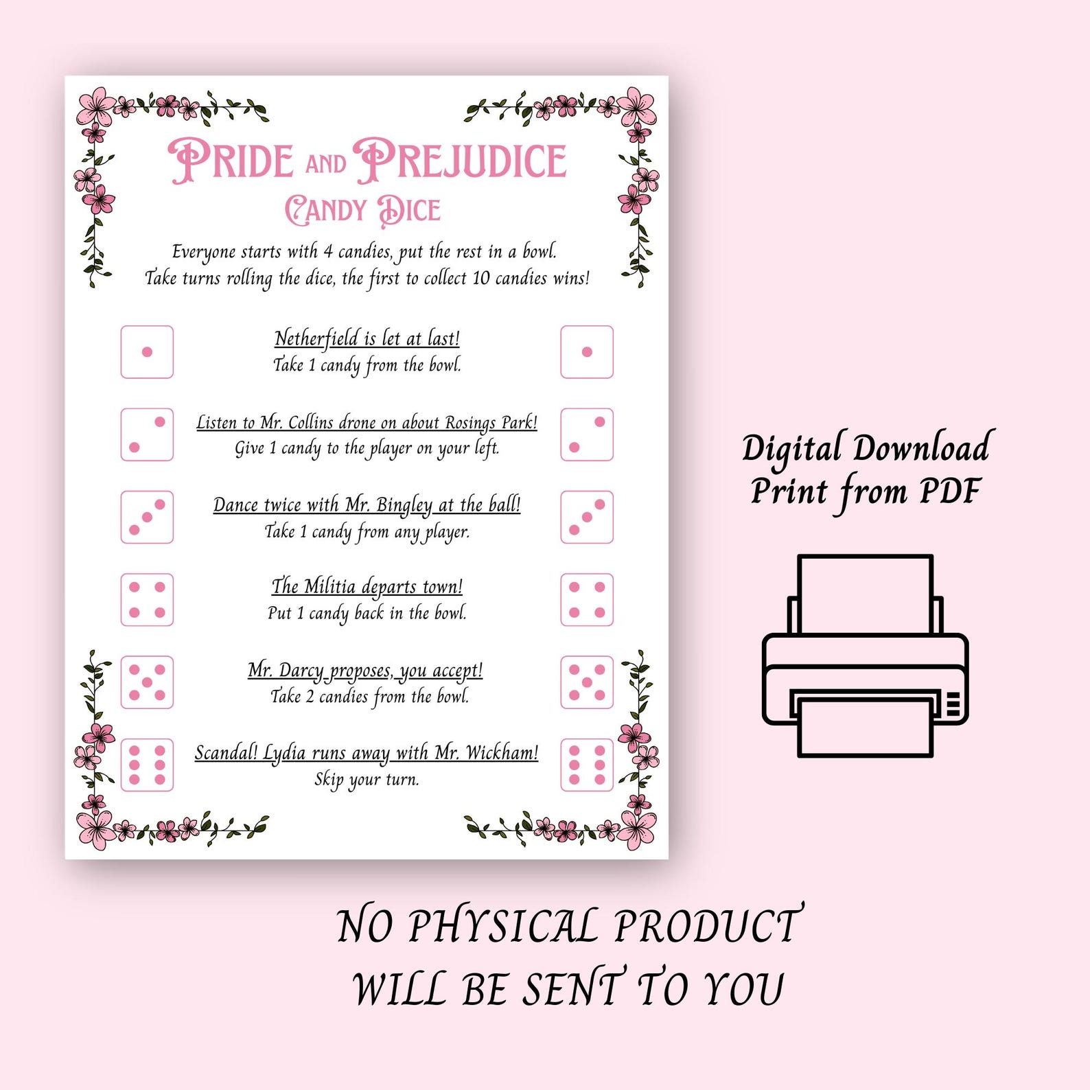 Pride and Prejudice Candy Dice Game: Jane Austen Party (instant ...