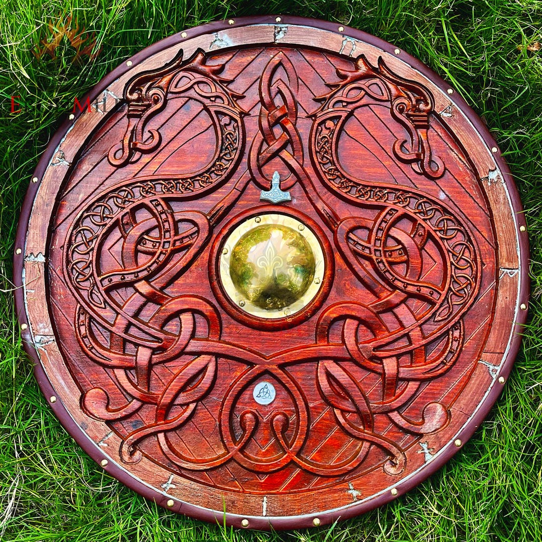 Viking Shield Wall Decor – Norse Dragon Design – Handcrafted Wooden ...