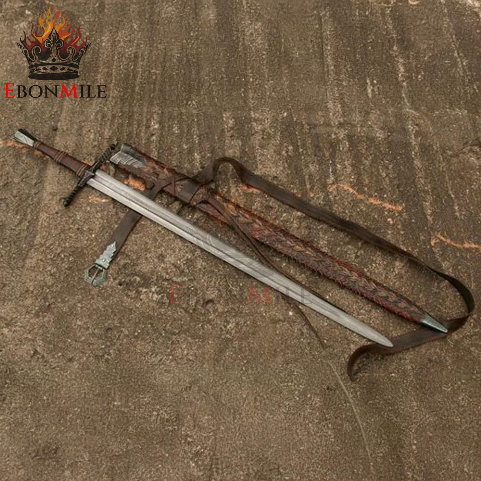Engraved Damascus Steel Display Sword, Leather Wrapped Handle, Viking ...