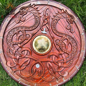 Viking Shield Wall Decor – Norse Dragon Design – Handcrafted Wooden ...