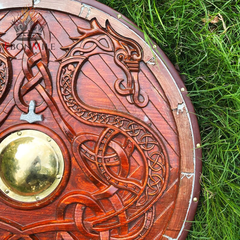 Viking Shield Wall Decor – Norse Dragon Design – Handcrafted Wooden ...