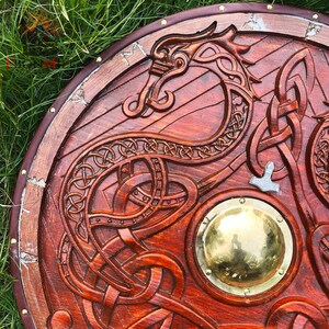 Viking Shield Wall Decor – Norse Dragon Design – Handcrafted Wooden ...