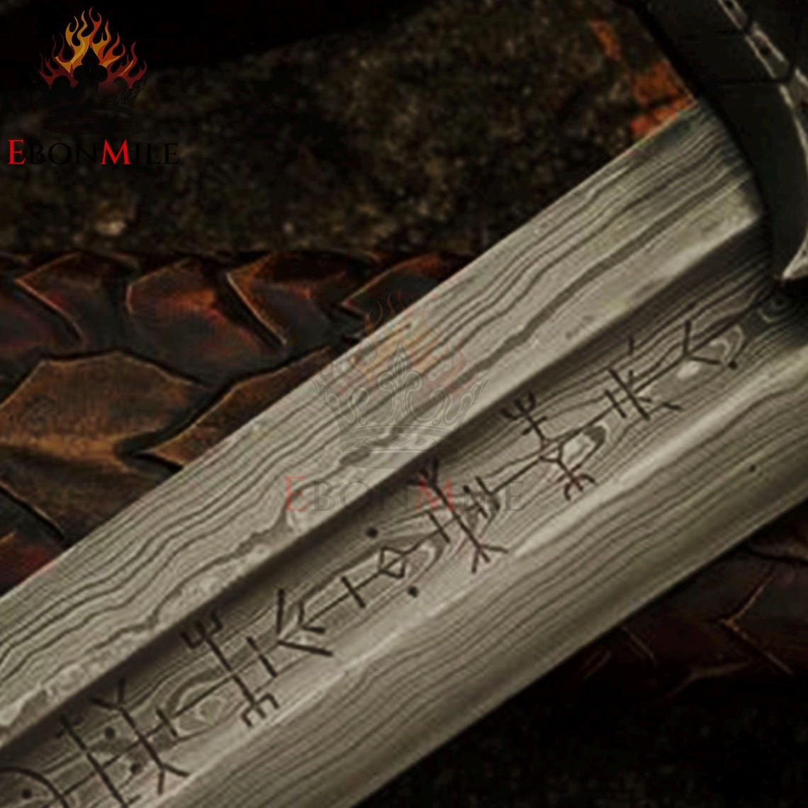 Engraved Damascus Steel Display Sword, Leather Wrapped Handle, Viking ...