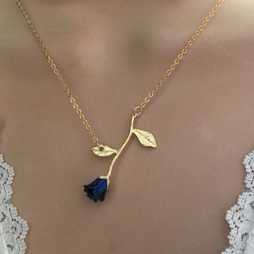 Blue Rose Necklace Sideways Rose Necklace Personalized | Etsy