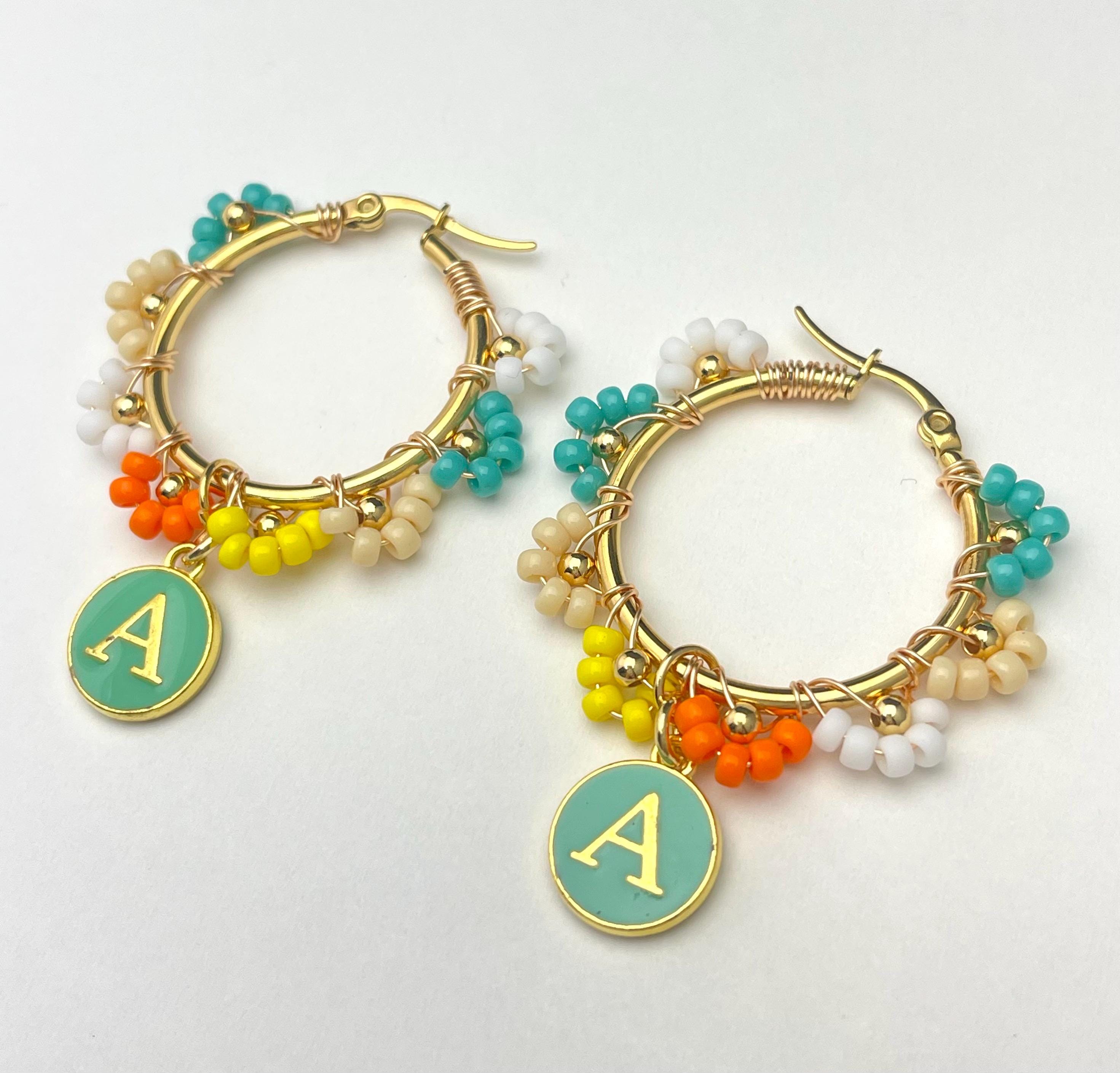 Letter Earrings Personalised Initial Hoop Earrings Custom Name Beaded ...