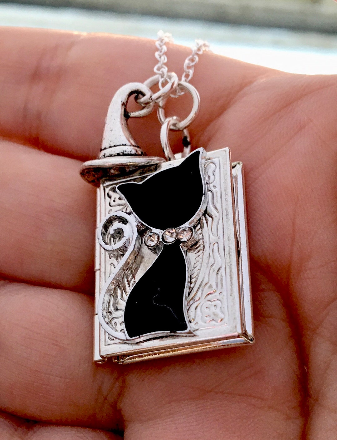 Cat and Witch Hat Necklace - Cat Locket Pendant- Cat Lovers Necklace ...
