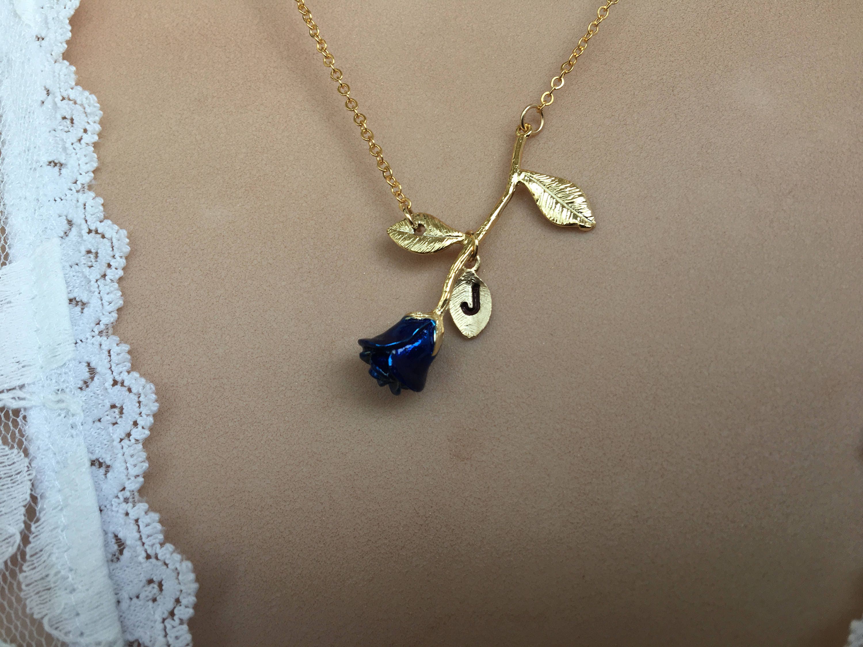 Blue Rose Necklace - Sideways Rose Necklace, Personalized, Anniversary ...