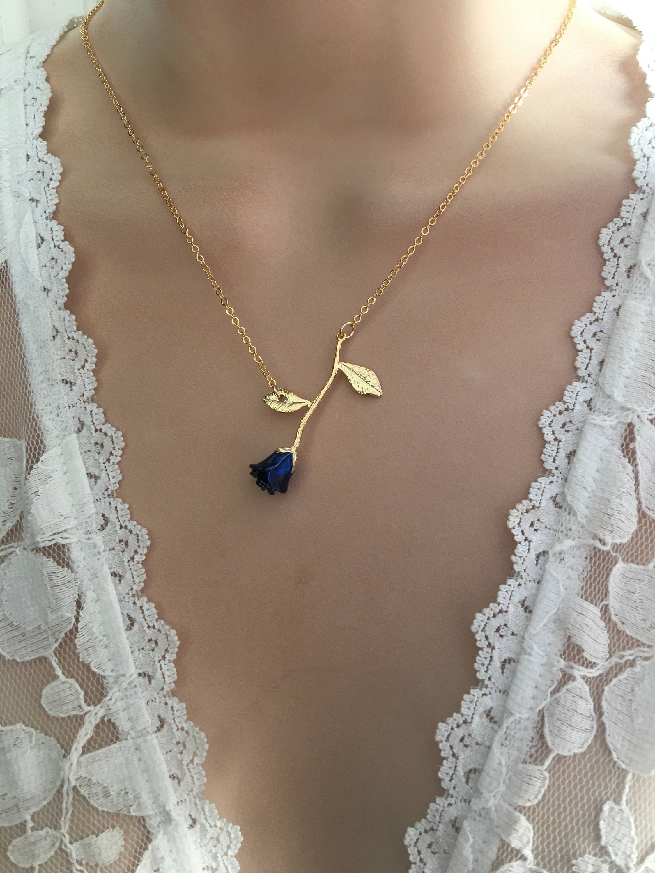 Blue Rose Necklace - Sideways Rose Necklace, Personalized, Anniversary ...