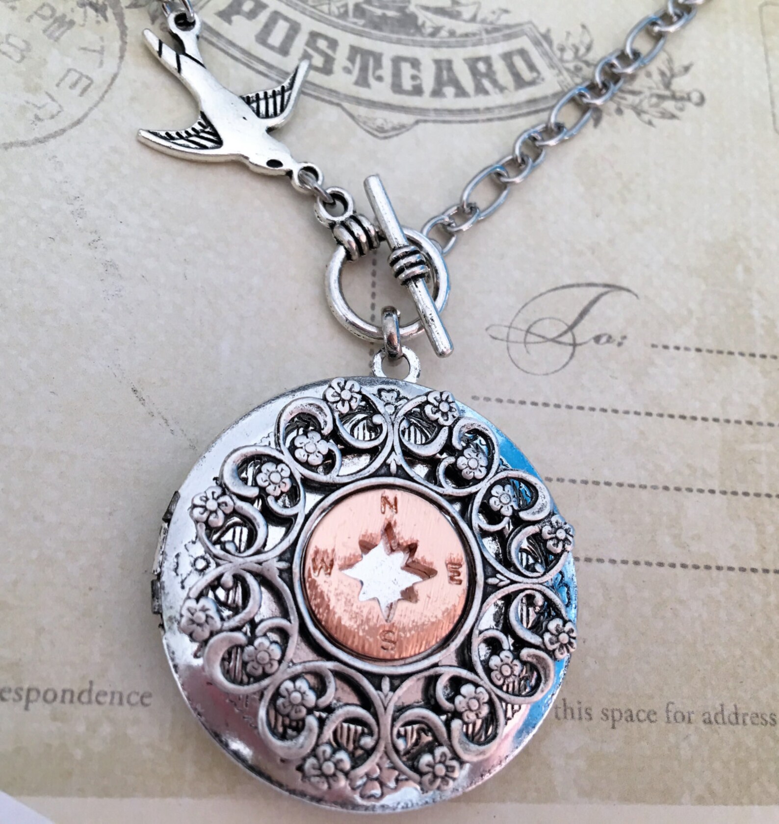 Compass Locket Necklace Silver Compass Jewelry Photo Locket | Etsy