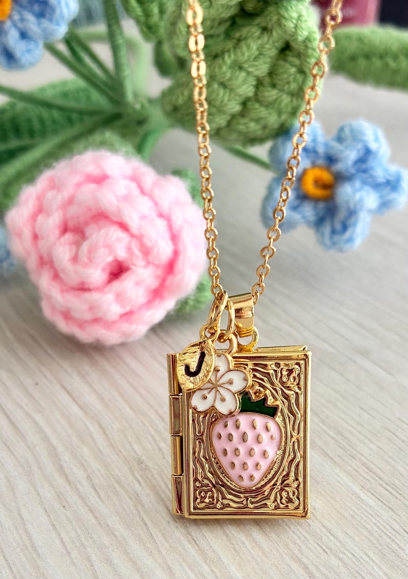 Strawberry Locket Necklace: Pink Enameled Fruit Pendant, Gold Book ...