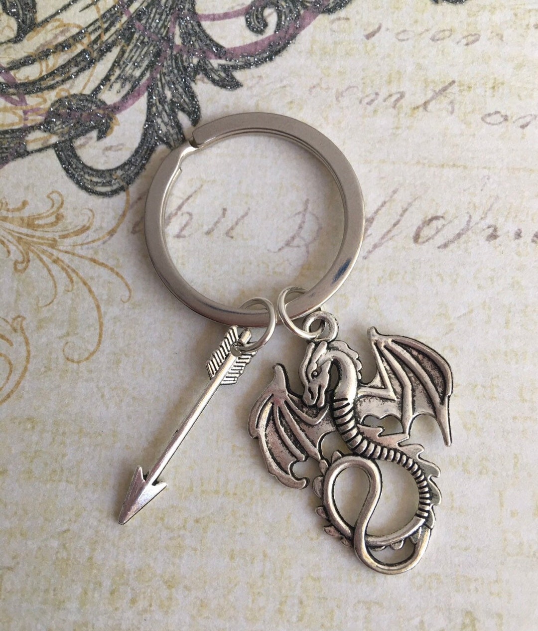 Antiqued Silver Dragon Keychain, Flying Dragon Key Chain, Silver Dragon ...