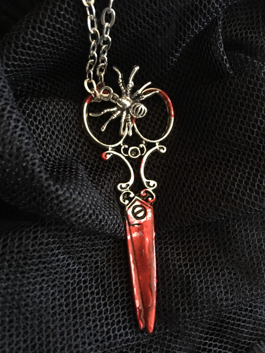 Halloween Bloody Scissors Necklace: Antiqued Silver Charm, Spider ...