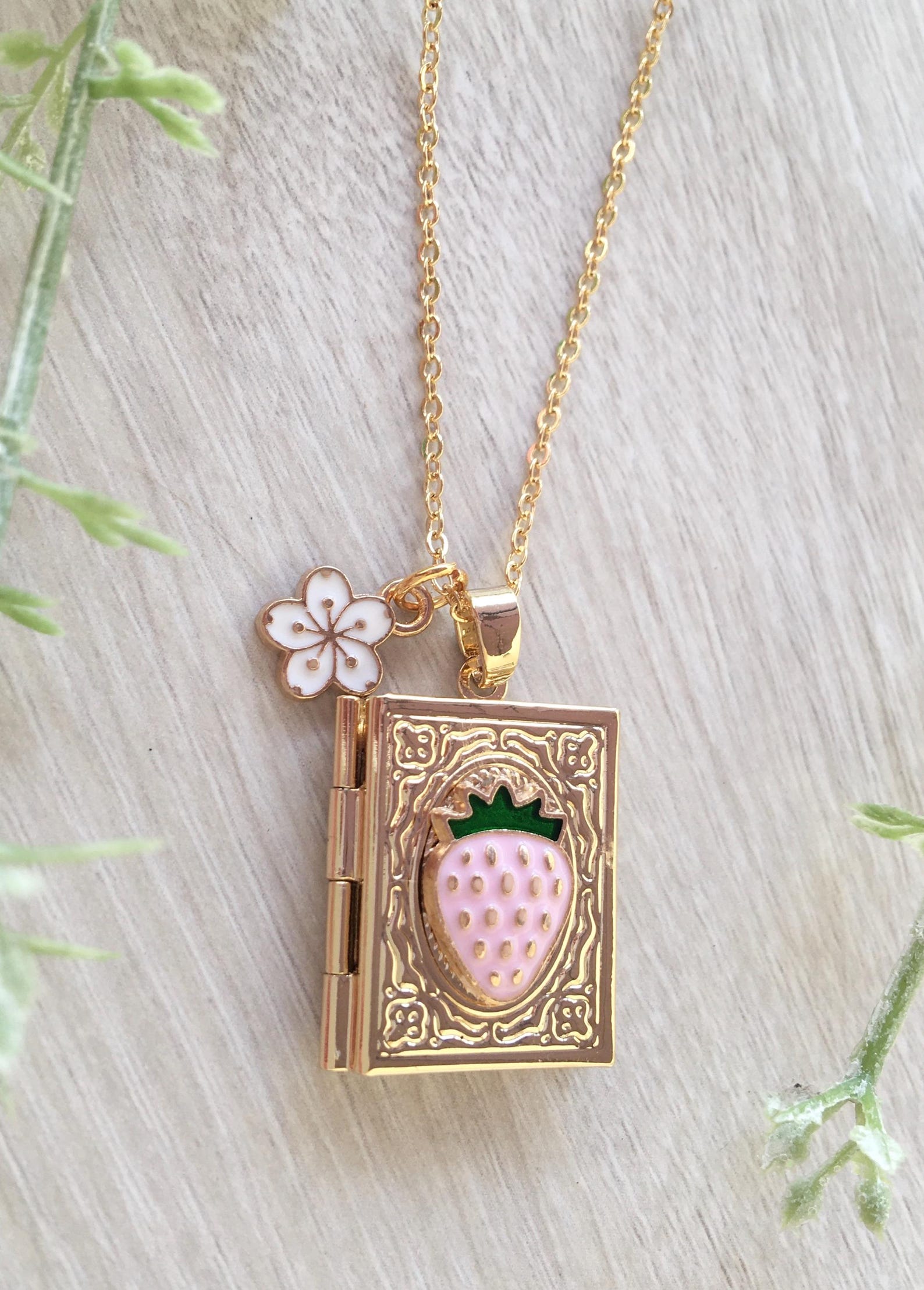 Strawberry Locket Necklace: Pink Enameled Fruit Pendant, Gold Book ...