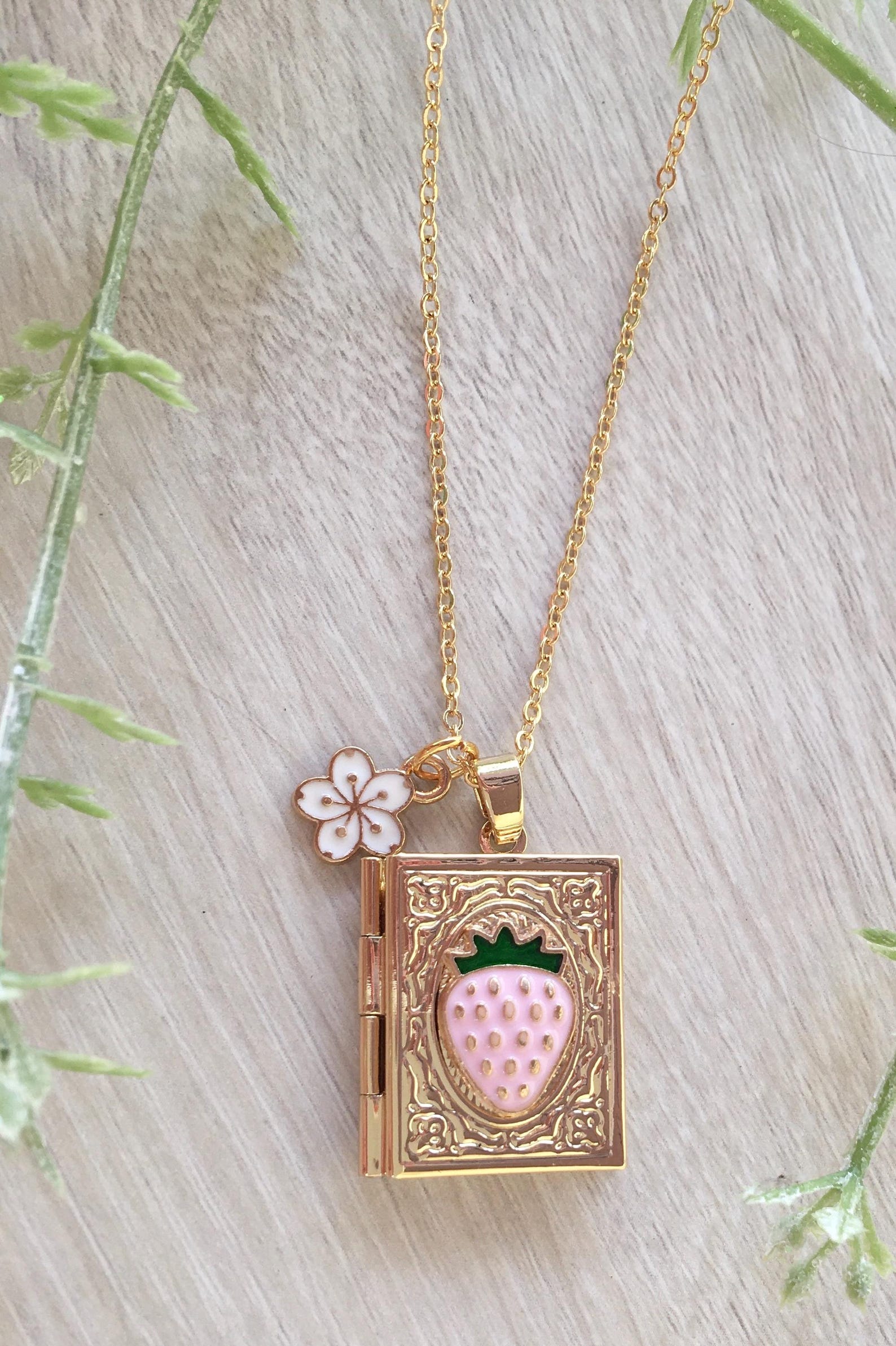 Strawberry Locket Necklace: Pink Enameled Fruit Pendant, Gold Book ...