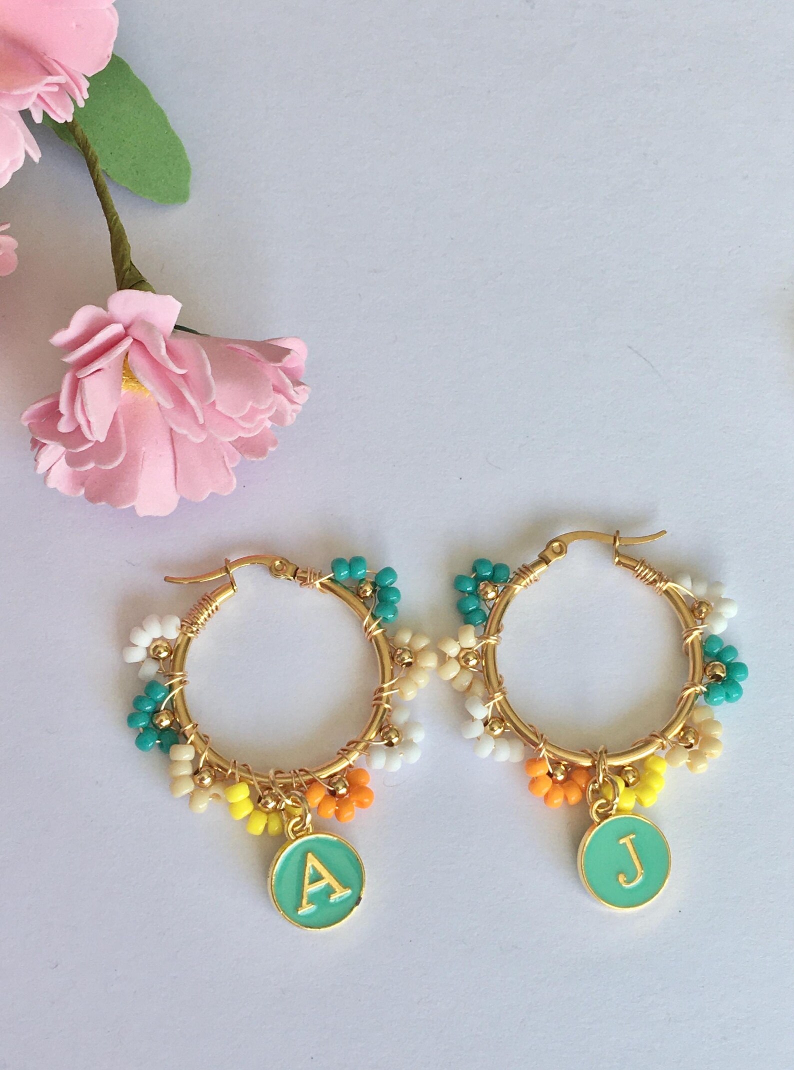 Letter Earrings Personalised Initial Hoop Earrings Custom Name Beaded ...