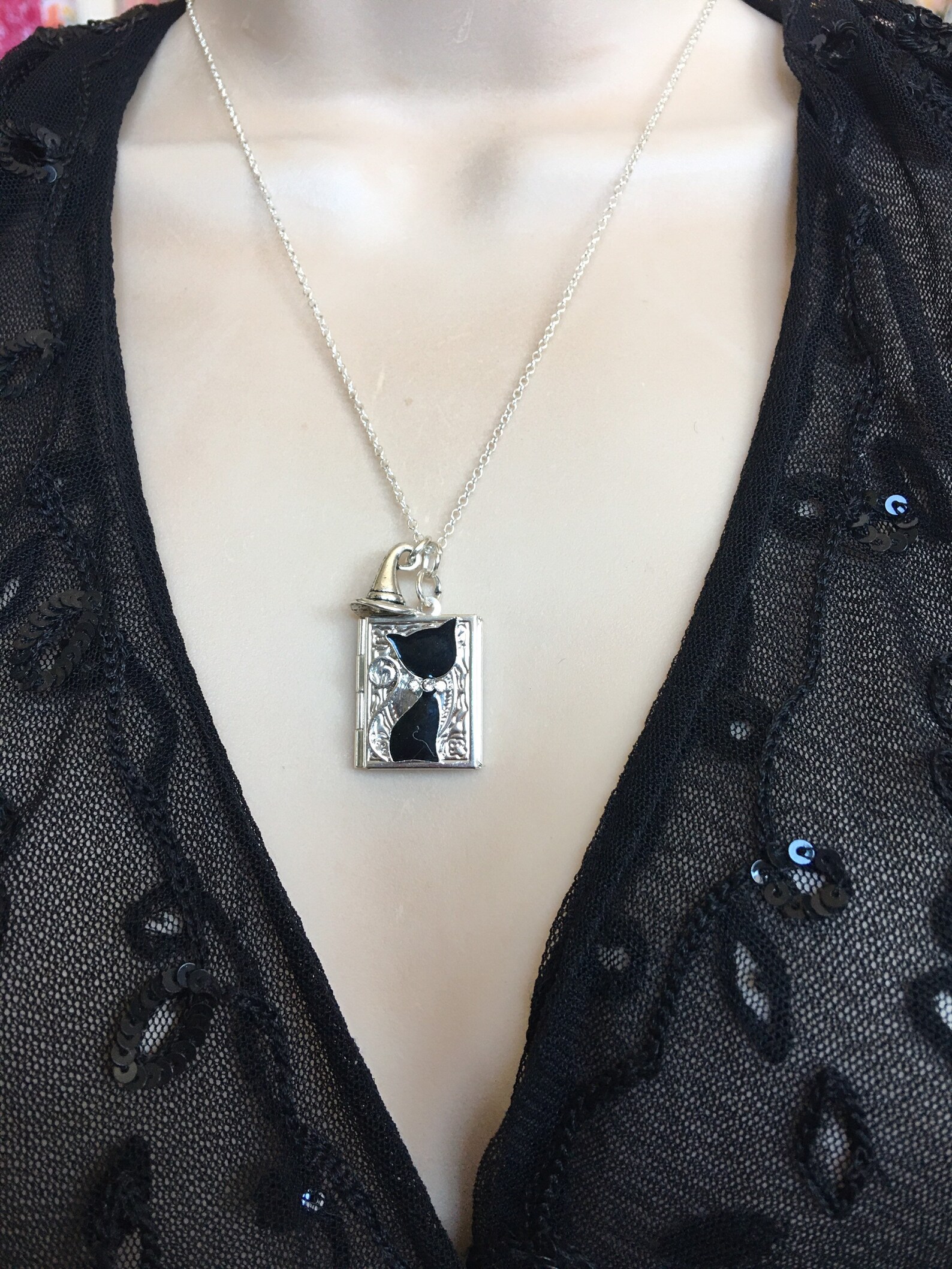 Cat and Witch Hat Necklace Cat Locket Pendant Cat Lovers | Etsy