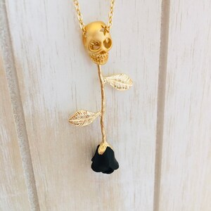 Gold Skull, Gold Skull and Black Rose Necklace, Skull Pendant, Goth ...