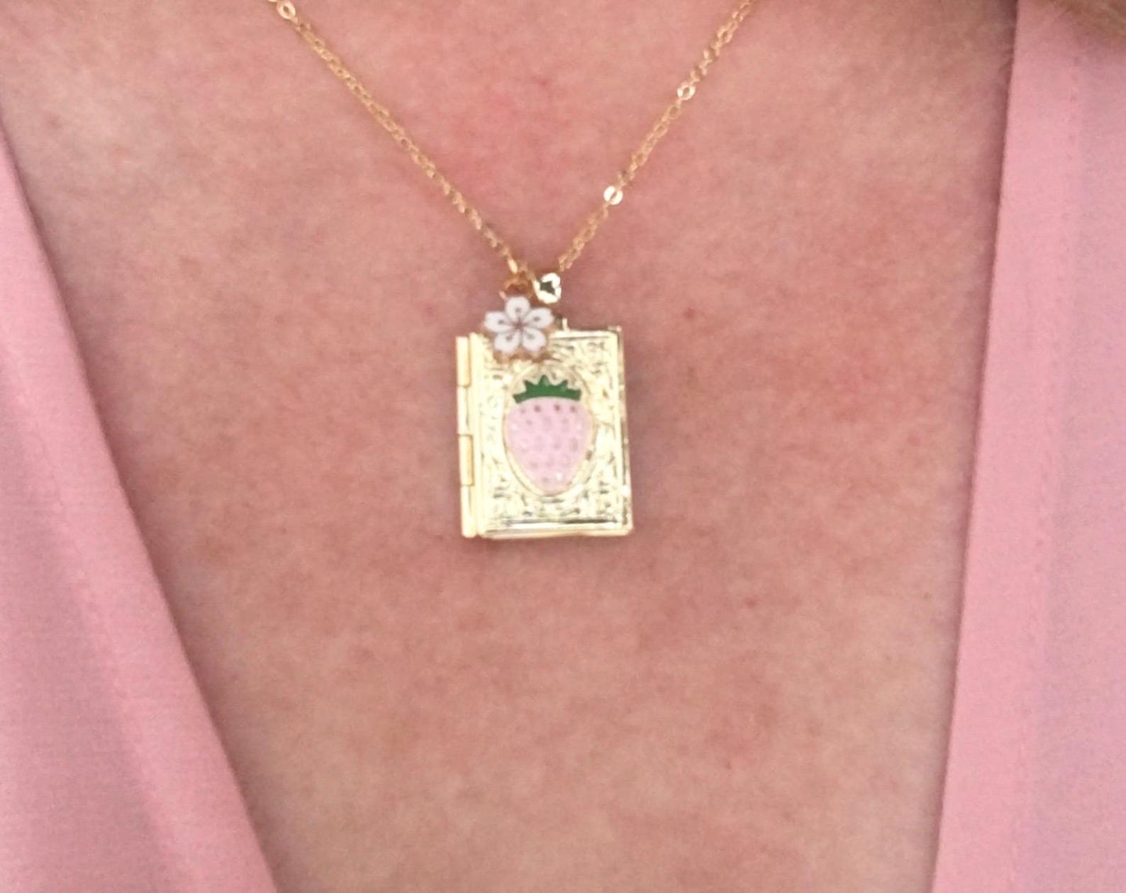 Strawberry Locket Necklace: Pink Enameled Fruit Pendant, Gold Book ...