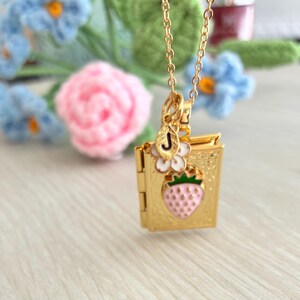Strawberry Locket Necklace: Pink Enameled Fruit Pendant, Gold Book ...