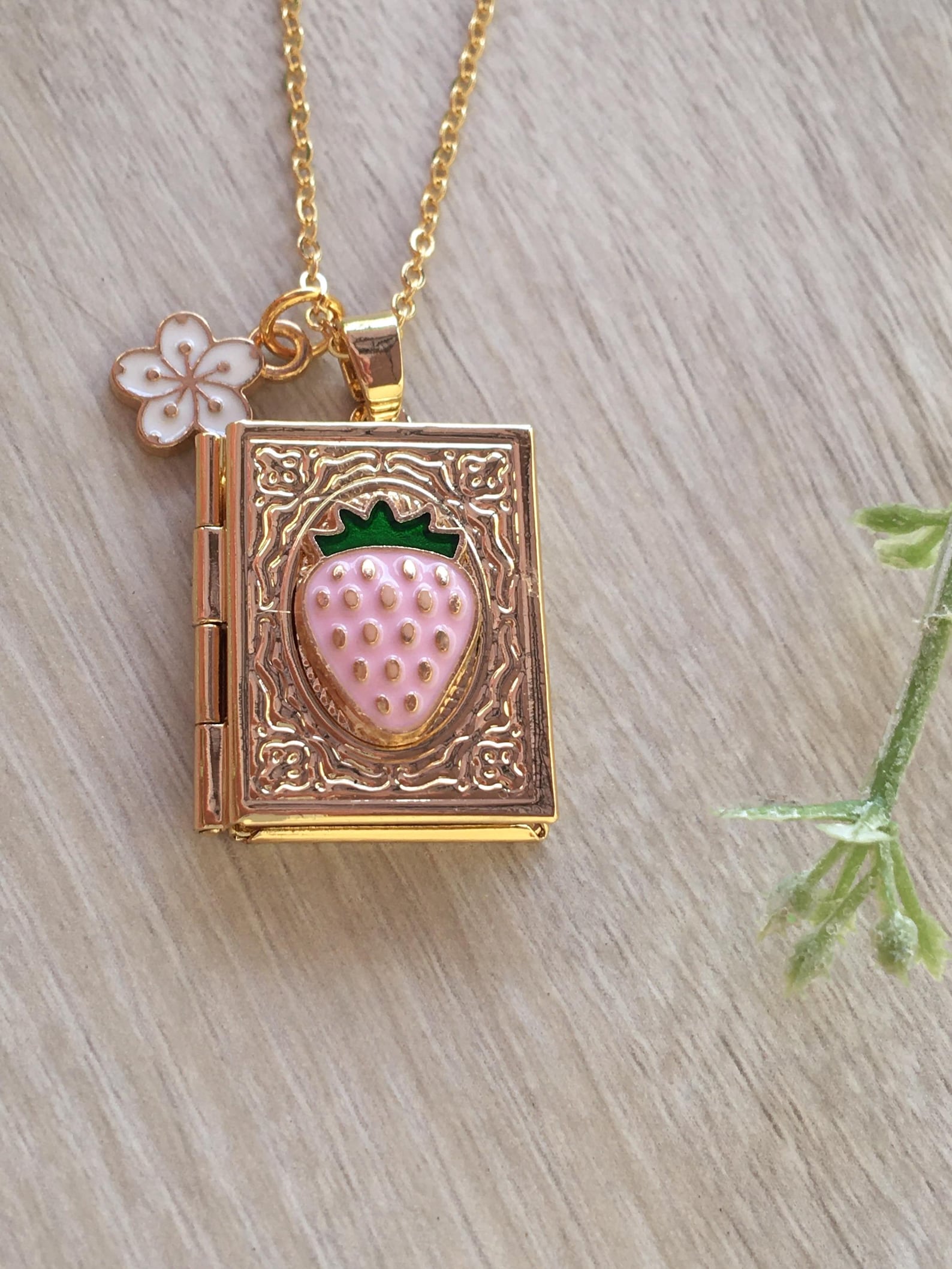 Strawberry Locket Necklace: Pink Enameled Fruit Pendant, Gold Book ...