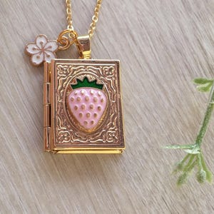 Strawberry Locket Necklace: Pink Enameled Fruit Pendant, Gold Book ...