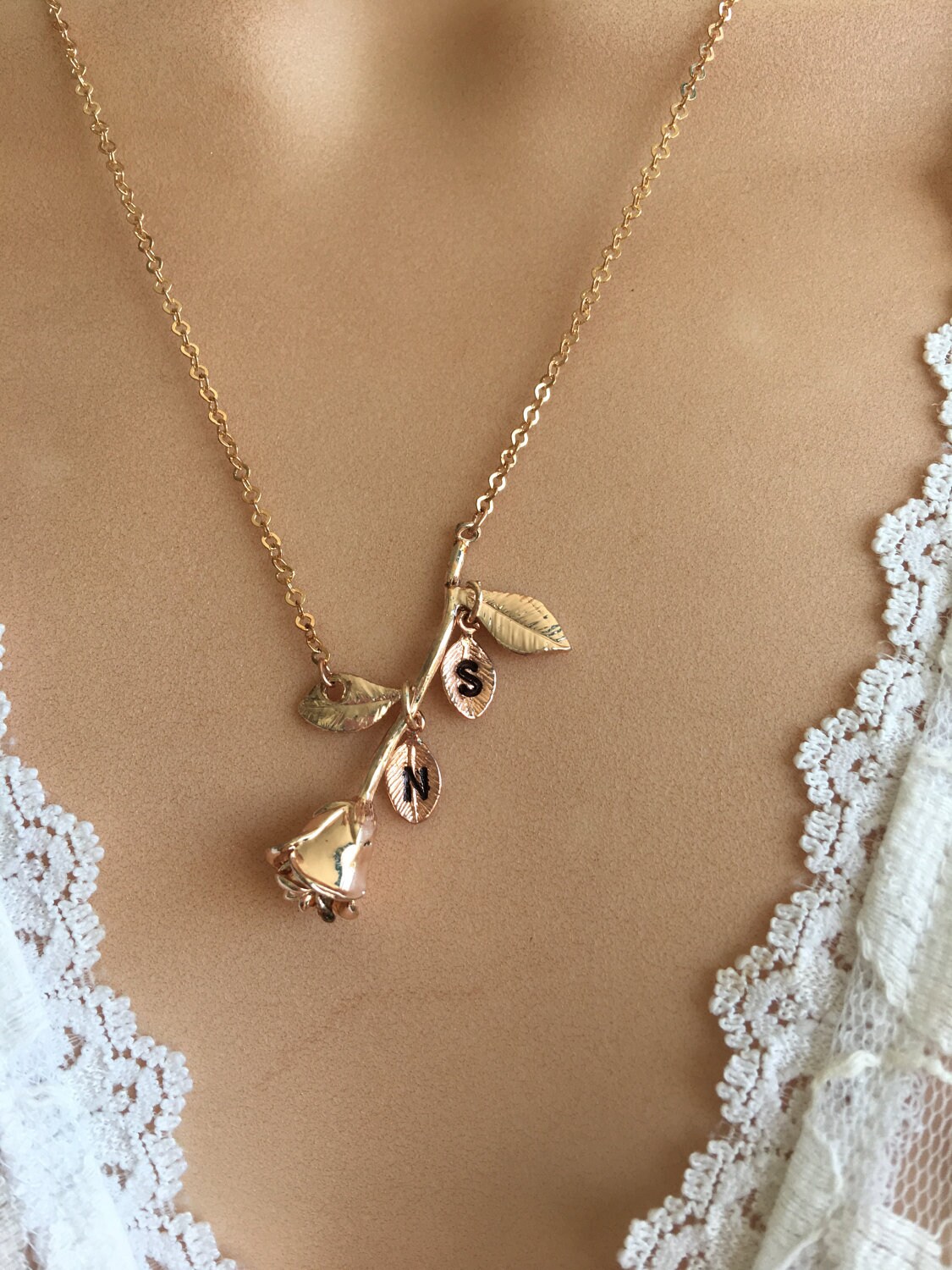 Rose Gold Flower Necklace Personalized Flower Necklace Rose | Etsy