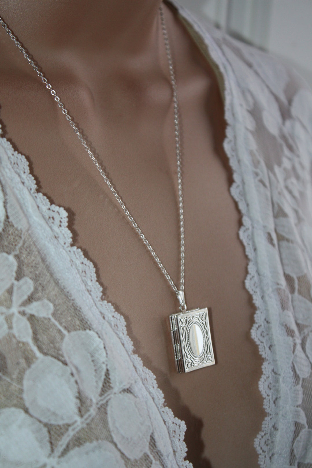 Silver Book Locket Necklace, Silver Photo Book Locket Necklace, Library ...