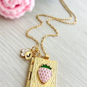 Strawberry Locket Necklace: Pink Enameled Fruit Pendant, Gold Book ...