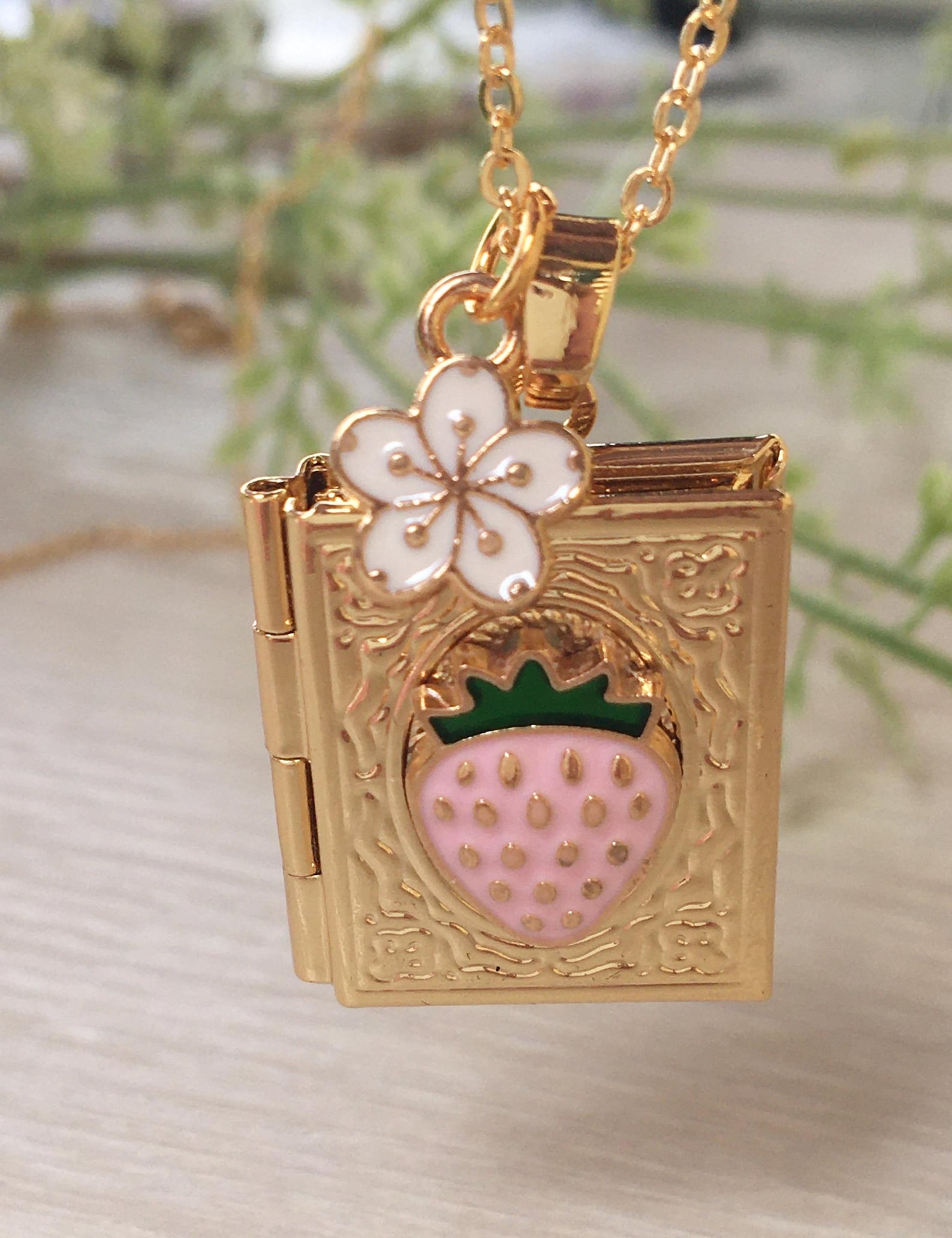 Strawberry Locket Necklace: Pink Enameled Fruit Pendant, Gold Book ...