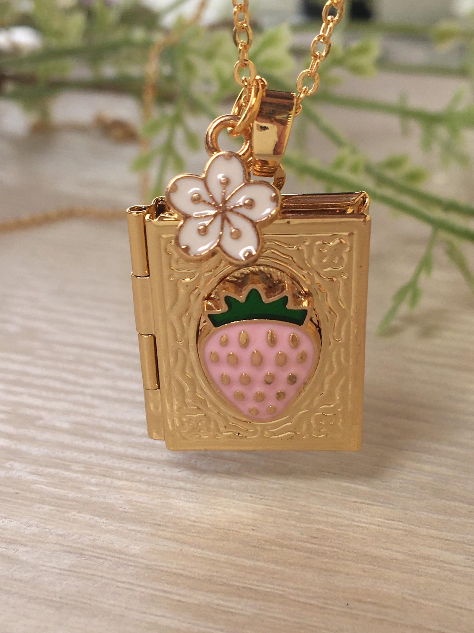 Strawberry Locket Necklace: Pink Enameled Fruit Pendant, Gold Book ...