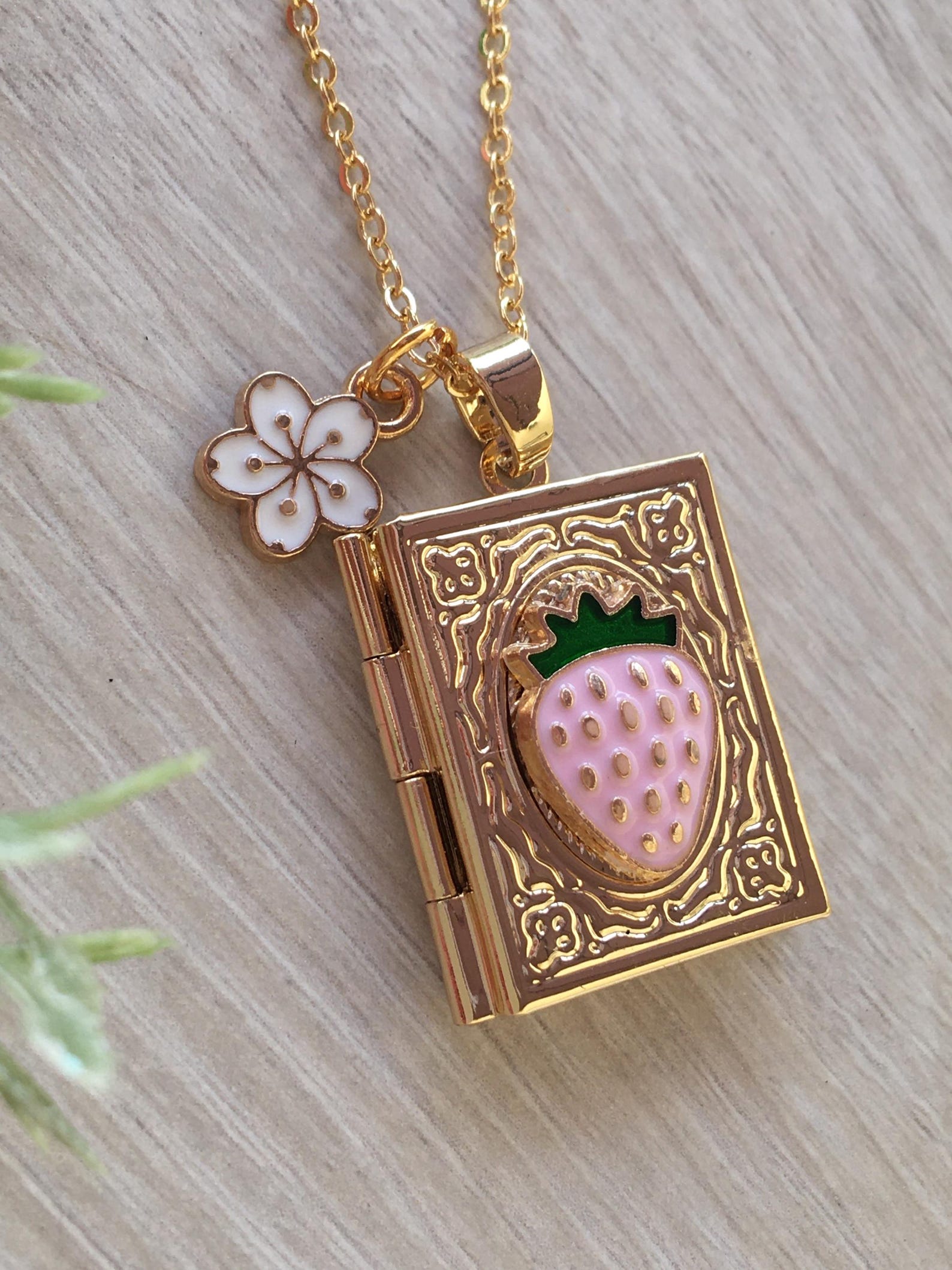 Strawberry Locket Necklace: Pink Enameled Fruit Pendant, Gold Book ...