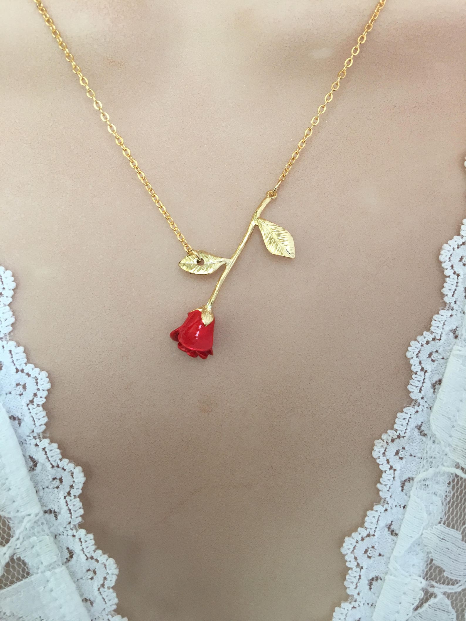 Red Rose Necklace Sideways Rose Necklace Girlfriend Gift - Etsy