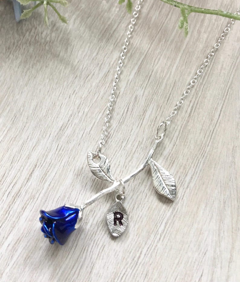Blue Rose Necklace - Sideways Rose Necklace, Personalized, Anniversary ...